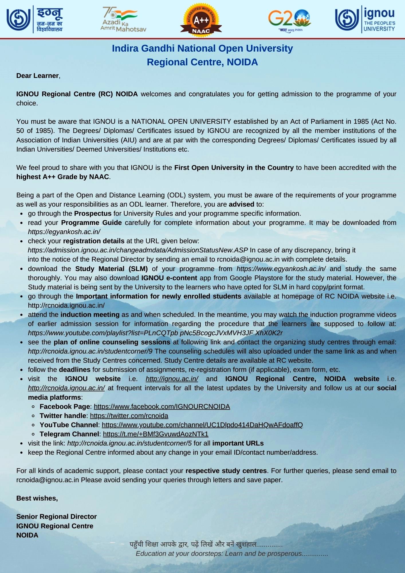 IGNOU-RC-Noida - Student Corner - WELCOME LETTER